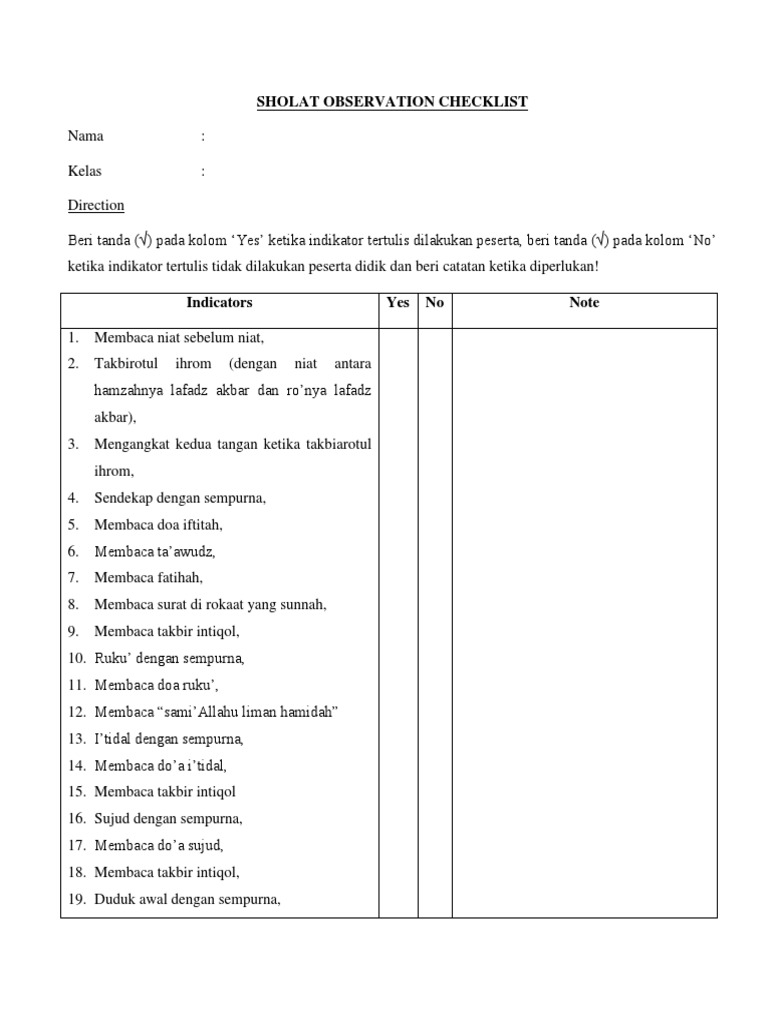 Sholat Observation Checklist | PDF