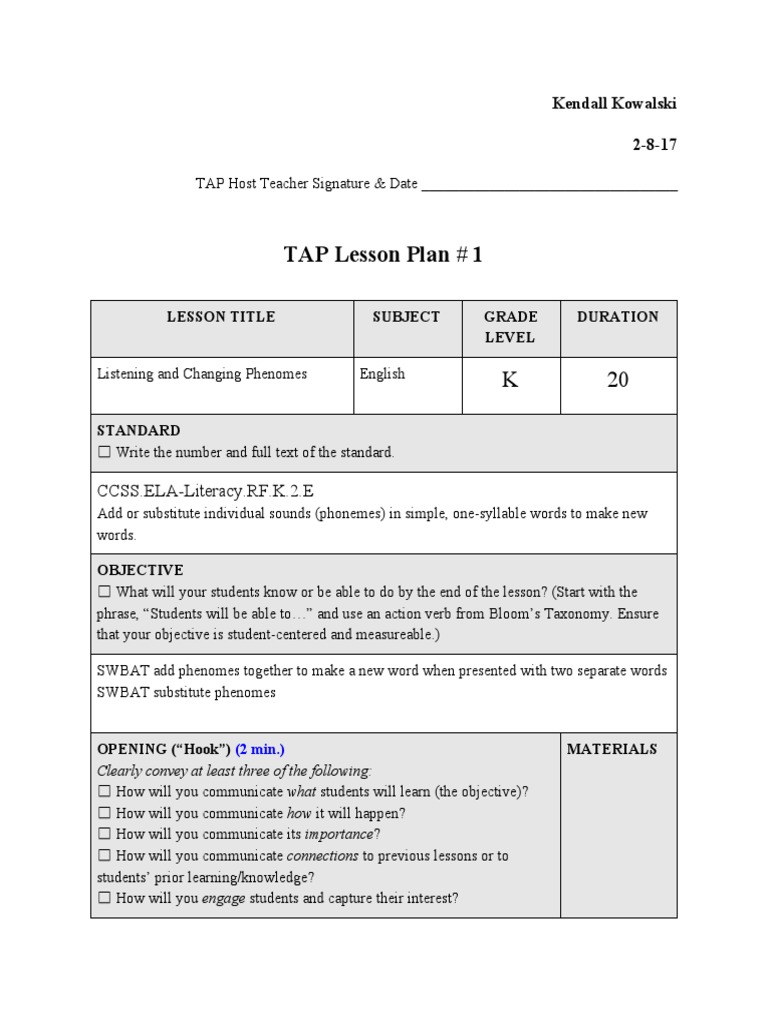 TAP Lesson Plan # 1: Lesson Title Subject Grade Level Duration | PDF ...