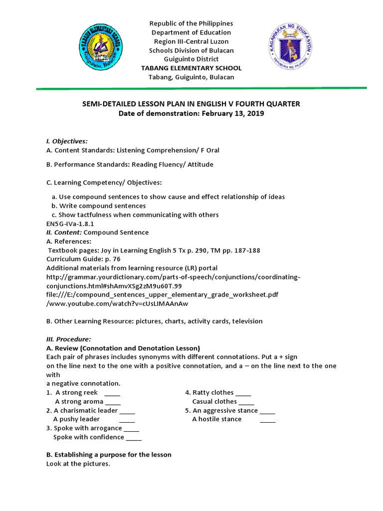 COT Semi-Detailed LP in English V | PDF | Cognitive Science | Linguistics