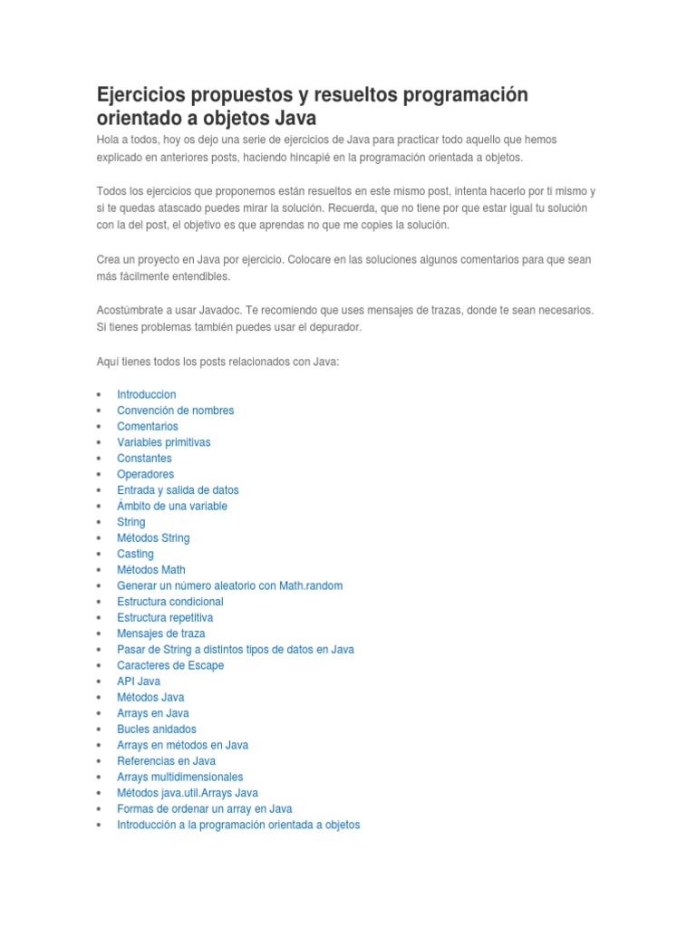 Ejercicios Propuestos Y Resueltos Programación Orientado A Objetos Java Pdf Java Lenguaje 