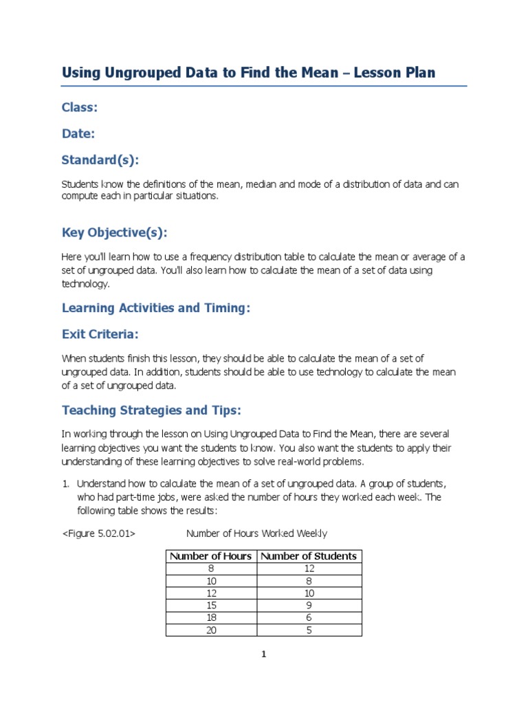 Using Ungrouped Data To Find The Mean - Lesson Plan: Class: Date ...