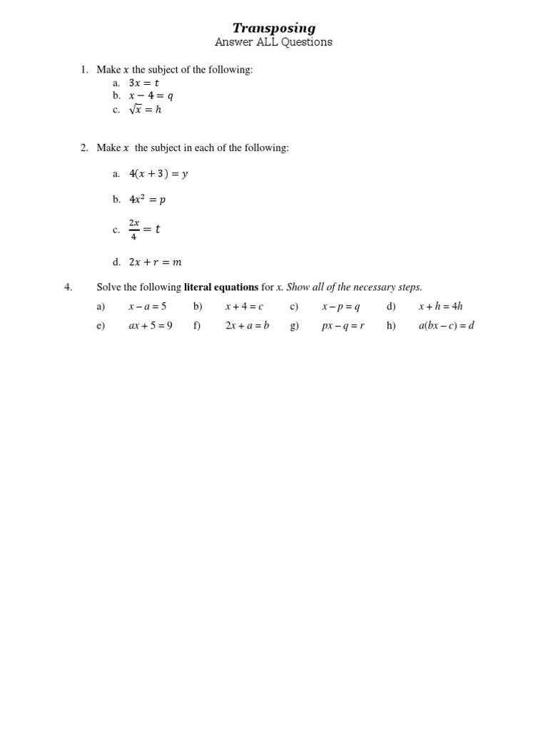 Transposing: Answer ALL Questions | PDF | Teaching Mathematics