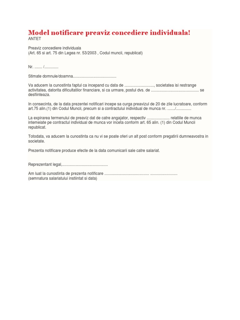 Model Notificare Preaviz Somaj | PDF