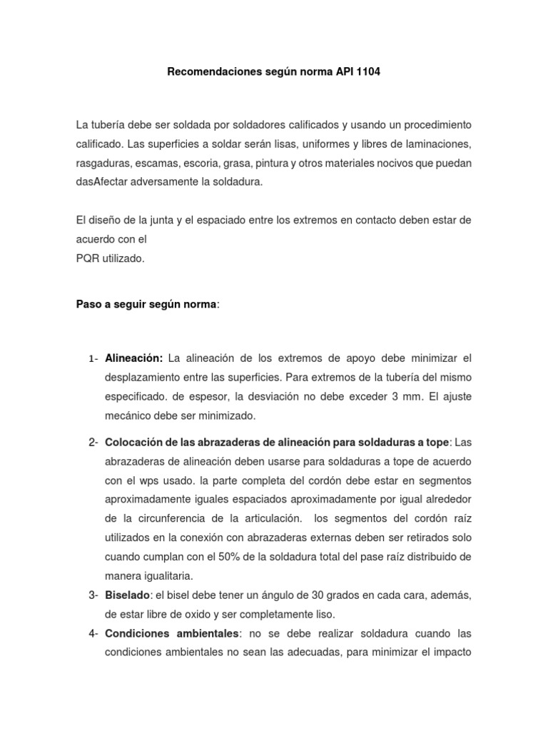 Recomendaciones Según Norma API 1104 | PDF | Soldadura | Construcción