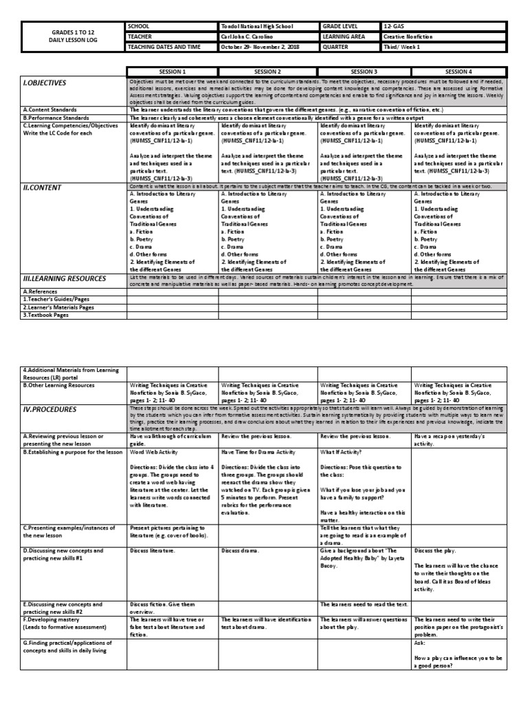 Creative Nonfiction Lesson Plan | PDF | Genre | Educational Assessment
