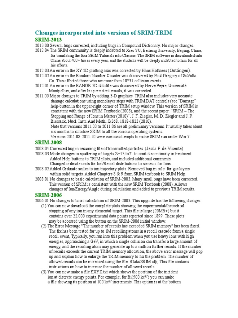 Changes Incorporated Into Versions of SRIM/TRIM | PDF | Sputtering ...