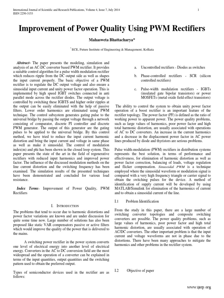 Modeling, Simulation and Analysis of a PWM Rectifier for Improving Power Quality and Achieving ...