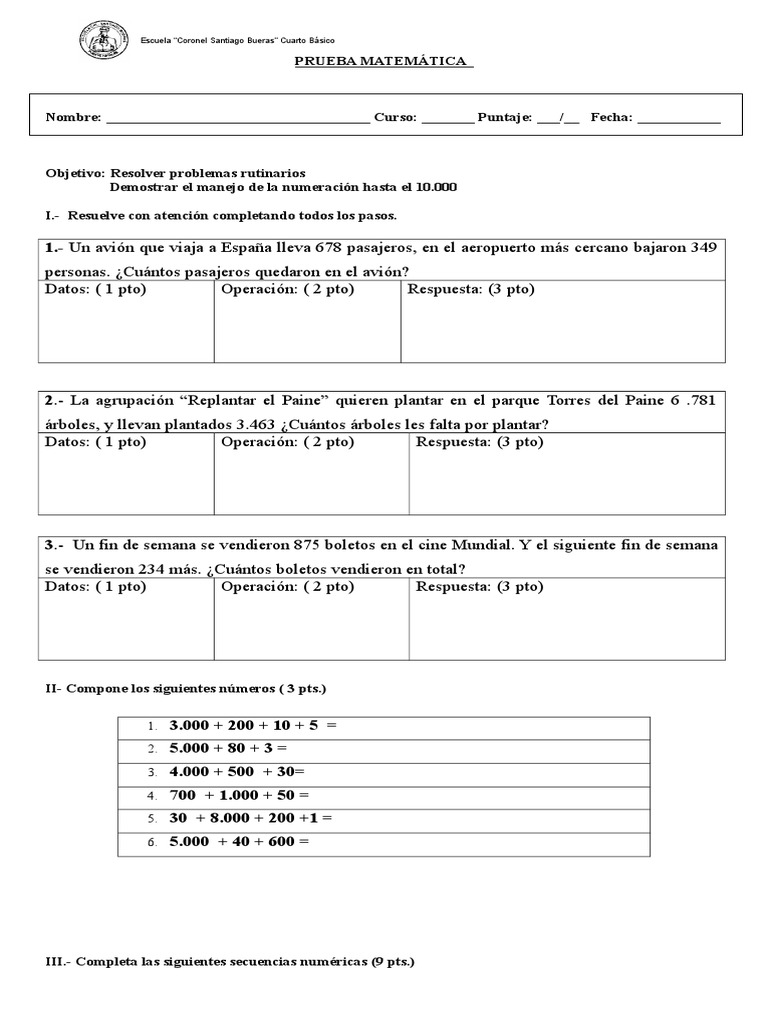 Prueba Numeracion Hasta El 10.000 | PDF | Notación Matemática | Lexicología