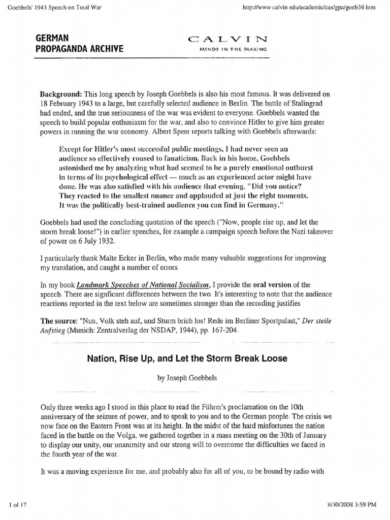 1944, Goebbels, Nation, Rise Up, and Let The Storm Break Loose | PDF
