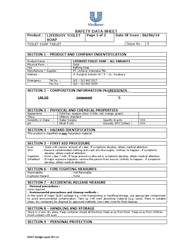 MSDS - Lifebuoy Body Soap | PDF | Safety | Occupational Safety And Health