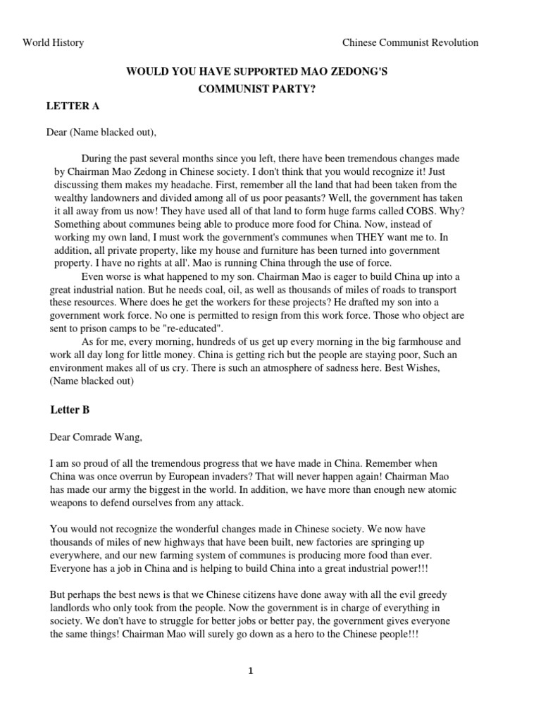 Communist China Mao Letter & Primary Source - Worksheet | PDF | Mao ...