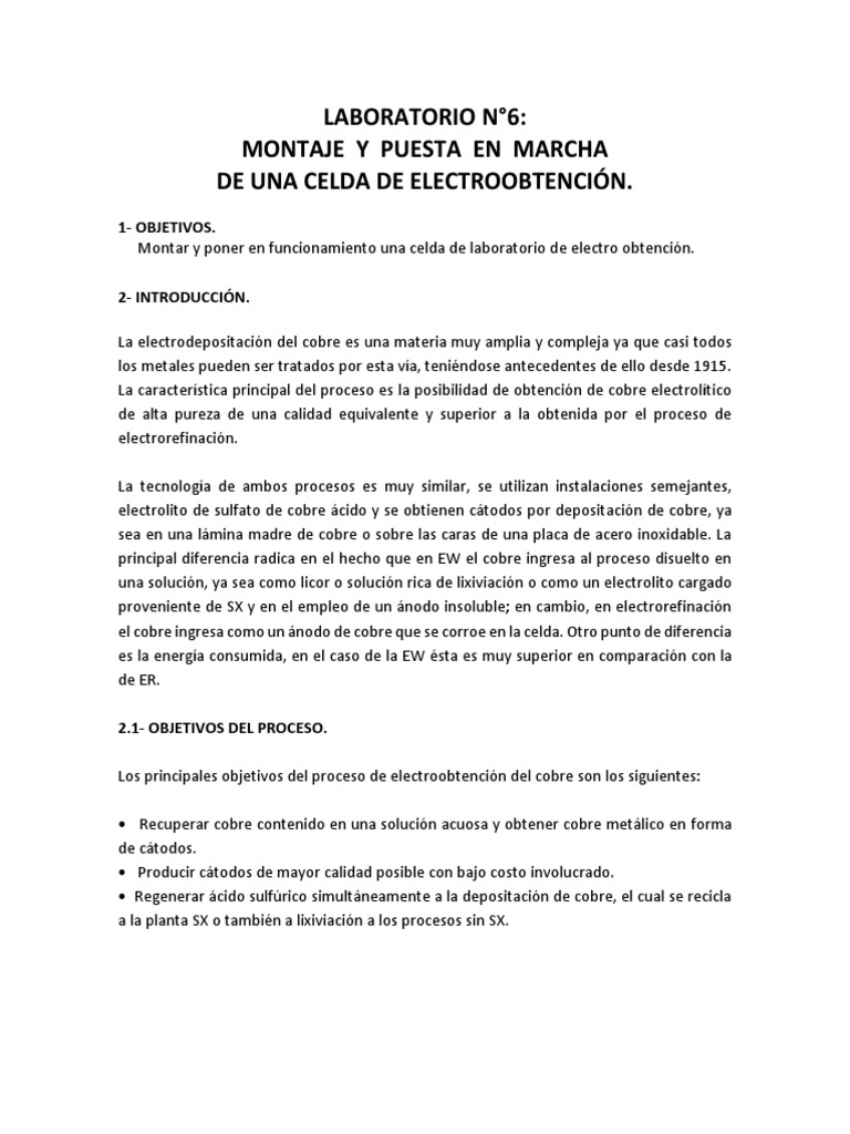 Montaje de Celda de Electroobtención | PDF | Electrodo | Cobre