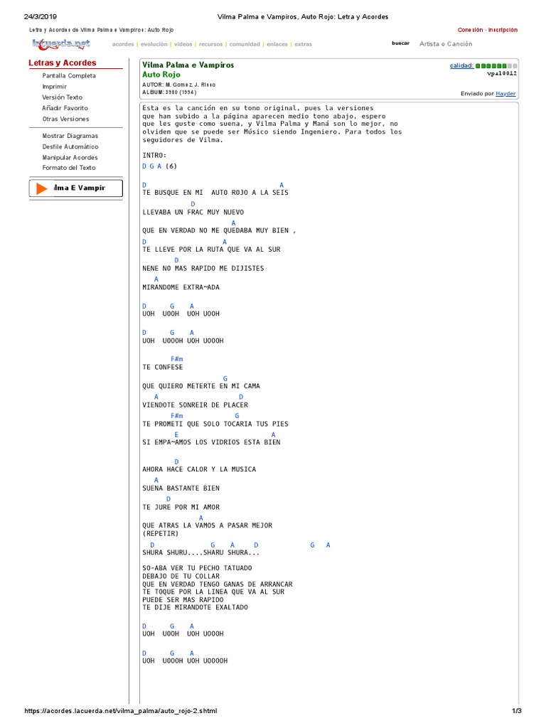 Vilma Palma e Vampiros, Auto Rojo - Letra y Acordes | PDF