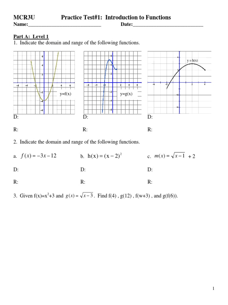 Mcr3u Practice Test 1 Introduction To Functions 1 Indicate The