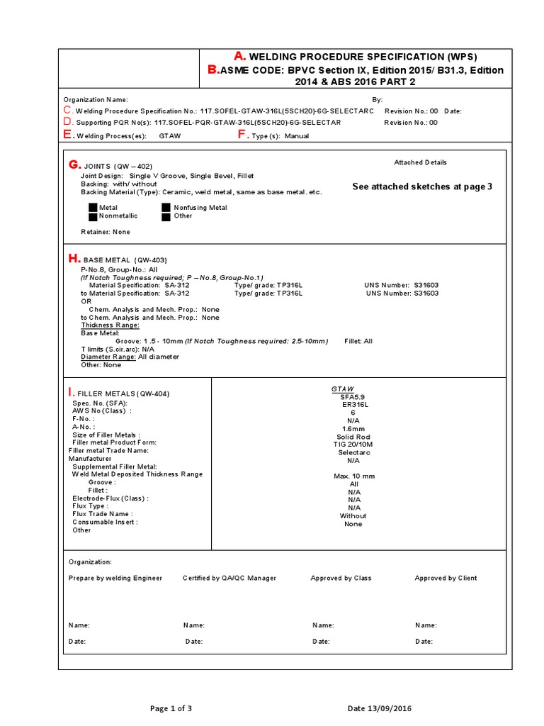 Welding Procedure Specification (WPS) ASME CODE: BPVC Section IX ...
