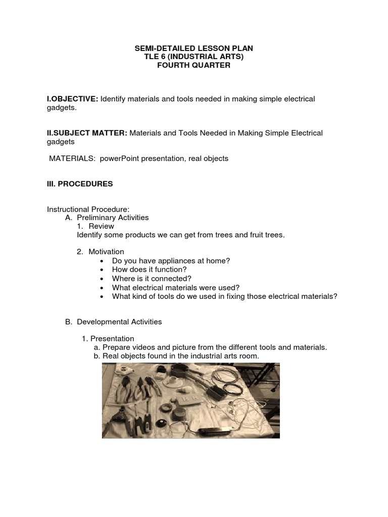 Grade 6 TLE Industrial Arts Lesson Plan | PDF | Electrical Connector ...