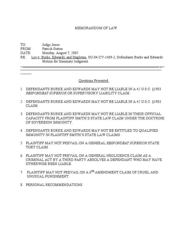 Memo of Law Writing Sample | Qualified Immunity | Negligence