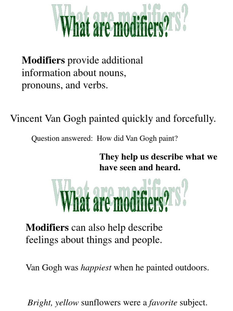 Modifiers Provide Additional: Information About Nouns, Pronouns, and ...