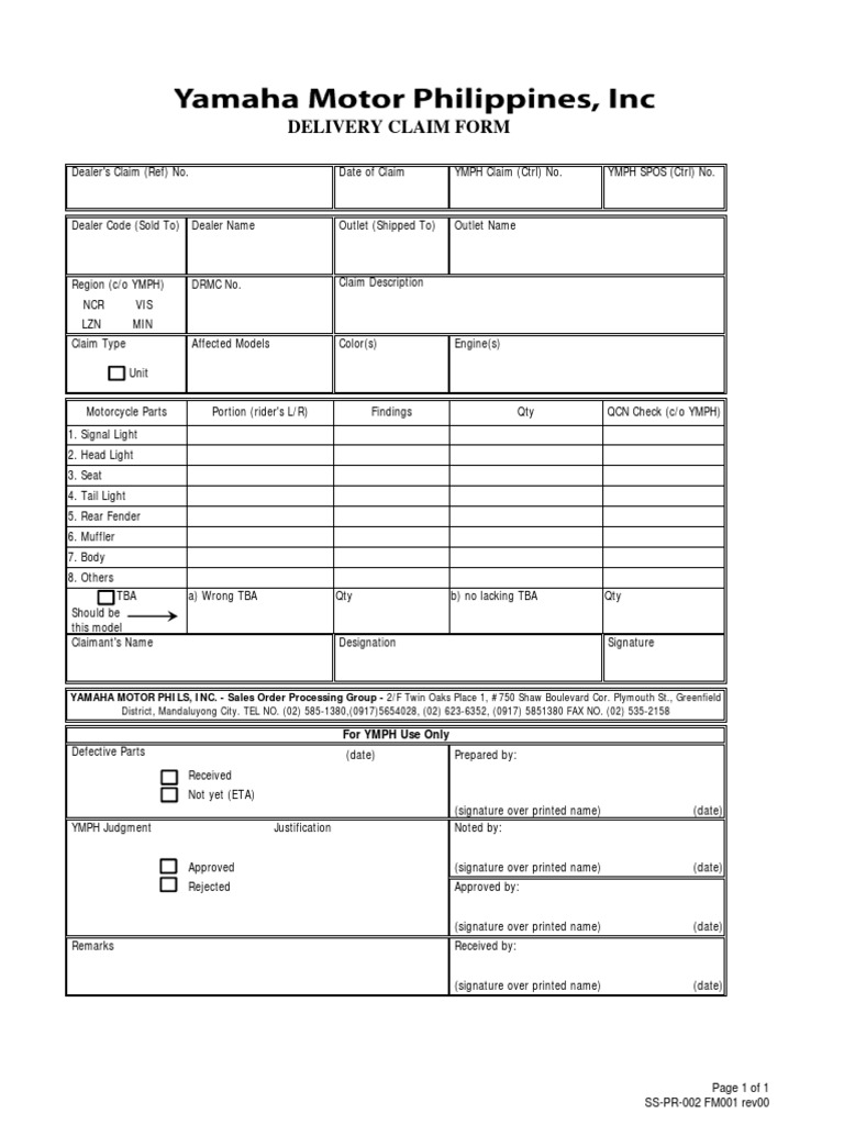 Yamaha Delivery Claim Form | PDF | Land Vehicles | Private Transport