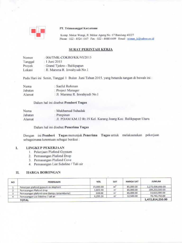 Contoh Surat Perintah Kerja | PDF