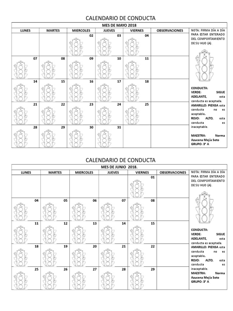 Calendario de conducta mensual para el seguimiento del comportamiento ...