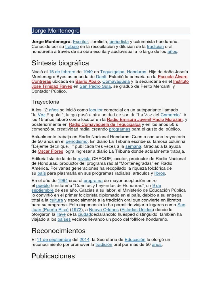 Jorge Montenegro Biografia | PDF | Honduras | Entretenimiento (general)