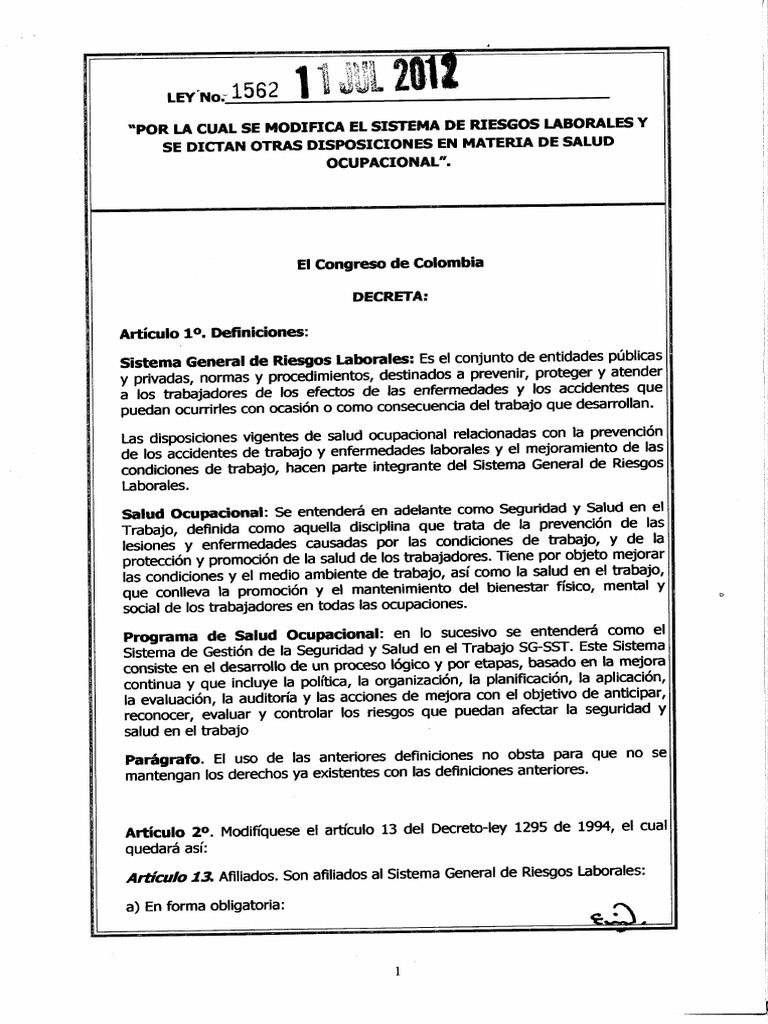 Ley 1562 de 2012 PDF | PDF