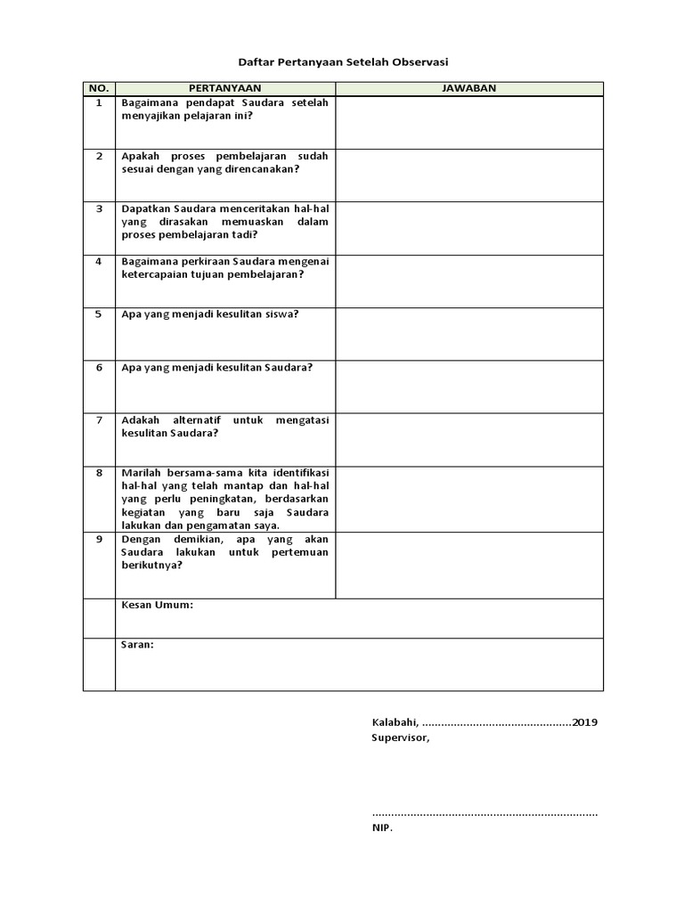 Daftar Pertanyaan Setelah Observasi | PDF