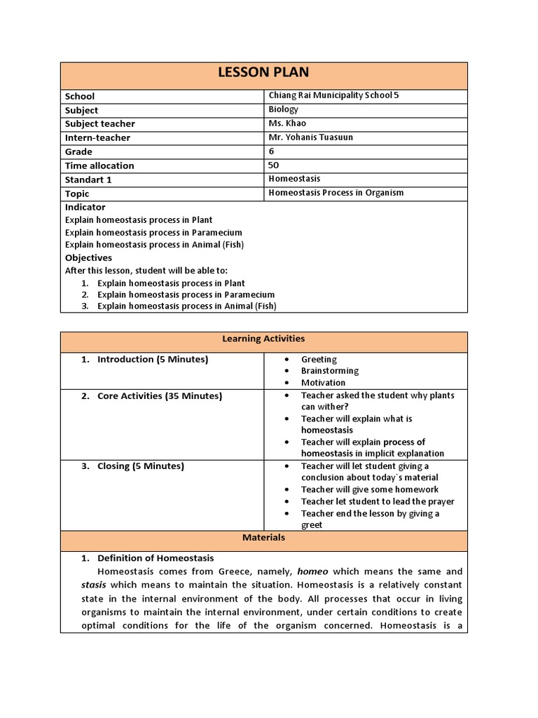 Lesson Plan Homeostasis 1 | PDF | Homeostasis | Physiology