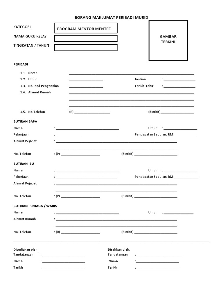 Borang Maklumat Peribadi Mentee | PDF