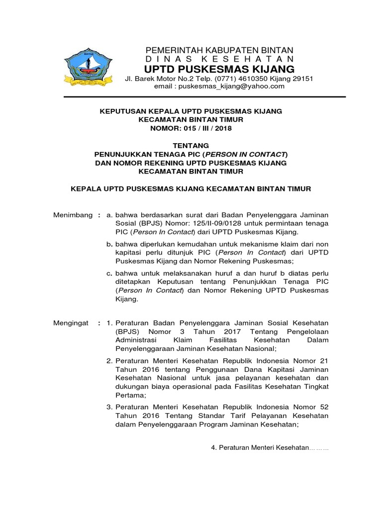 SK PENUNJUKKAN PIC BPJS (Contoh) | PDF