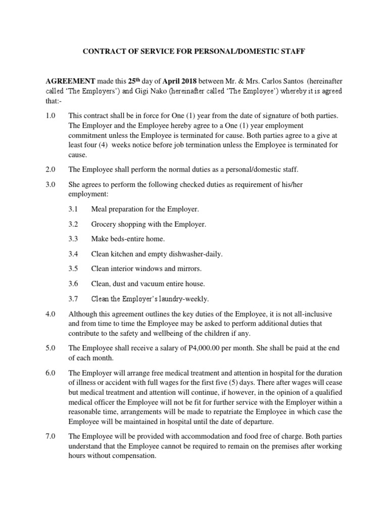 CONTRACT OF SERVICE FOR PERSONAL Maid | PDF | Employment | Government ...