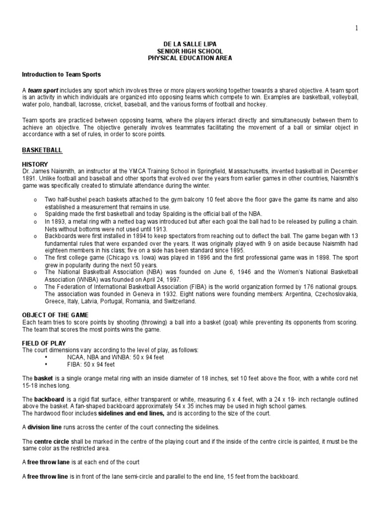 Basketball Handout-Shs | PDF | Basketball Positions | Competitive Games