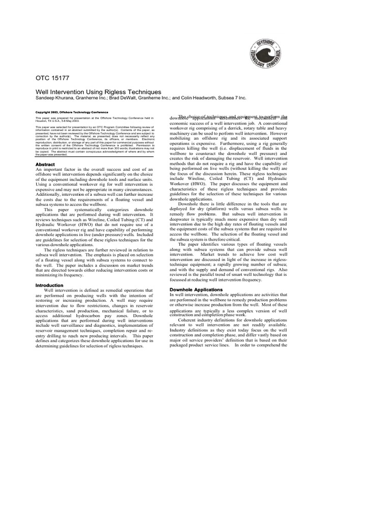 2003 - Well Intervention Using Rigless Techniques - Unlocked | PDF ...