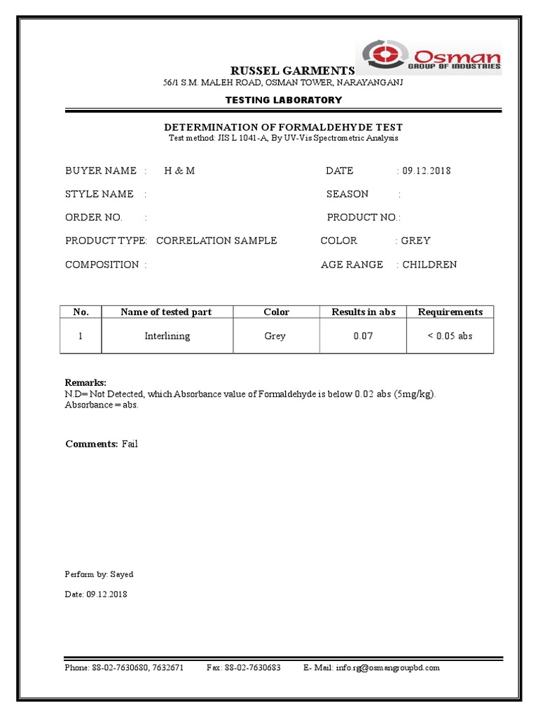 Formaldehyde Test Report for Children's Garment | PDF