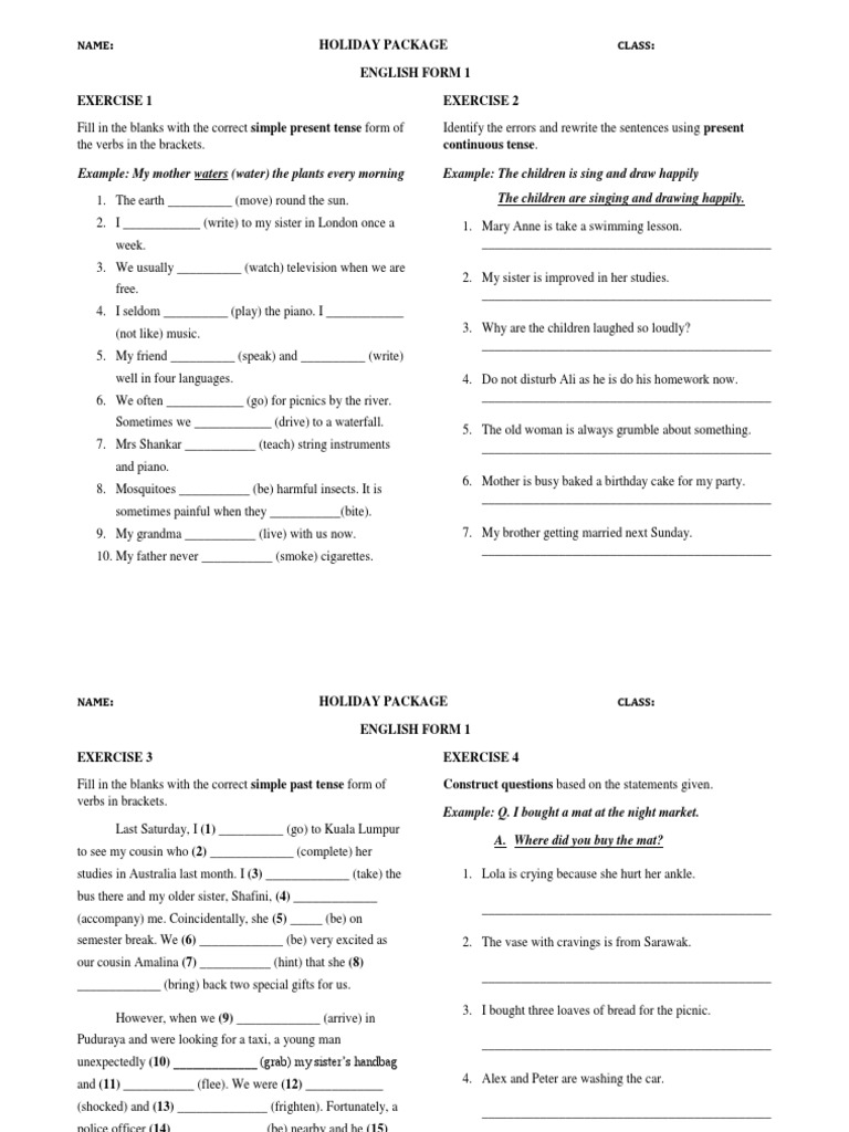 Holiday Package English Form 1 Exercise 1 Exercise 2 | PDF ...