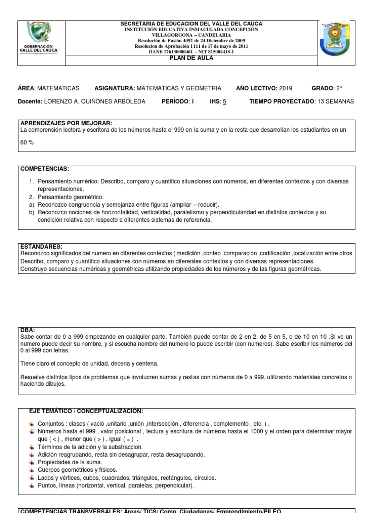 Plan De Aula De Matematicas 2019 Grado Segundo Periodo I Pdf