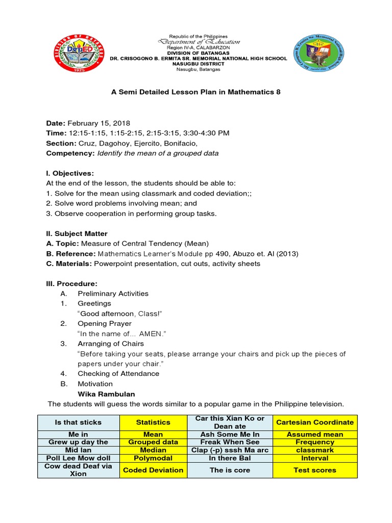 A Semi Detailed Lesson Plan in Mathematics 8 Mean Grouped Data Day 2.5 ...