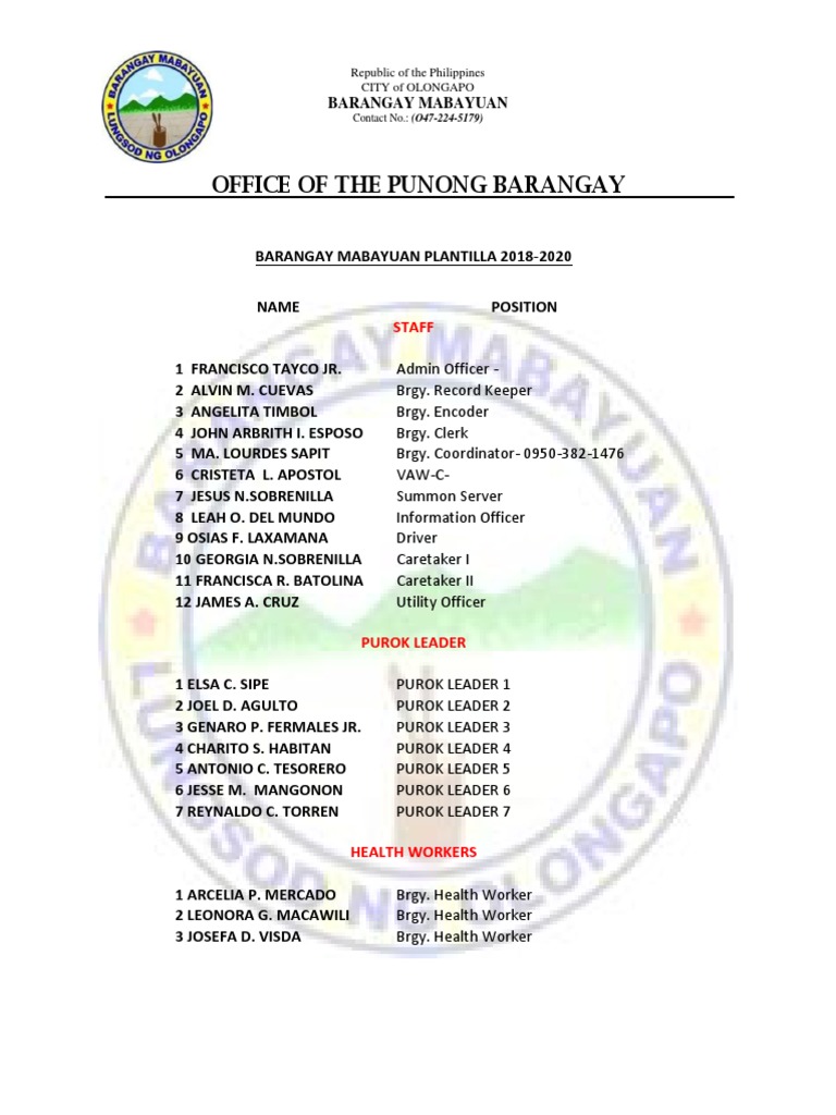 Office of The Punong Barangay: Staff | PDF