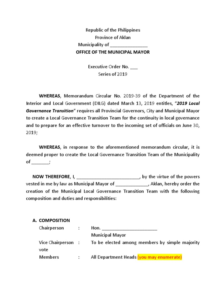 Sample EO On Creation of Local Governance Transition Team | PDF | Local ...