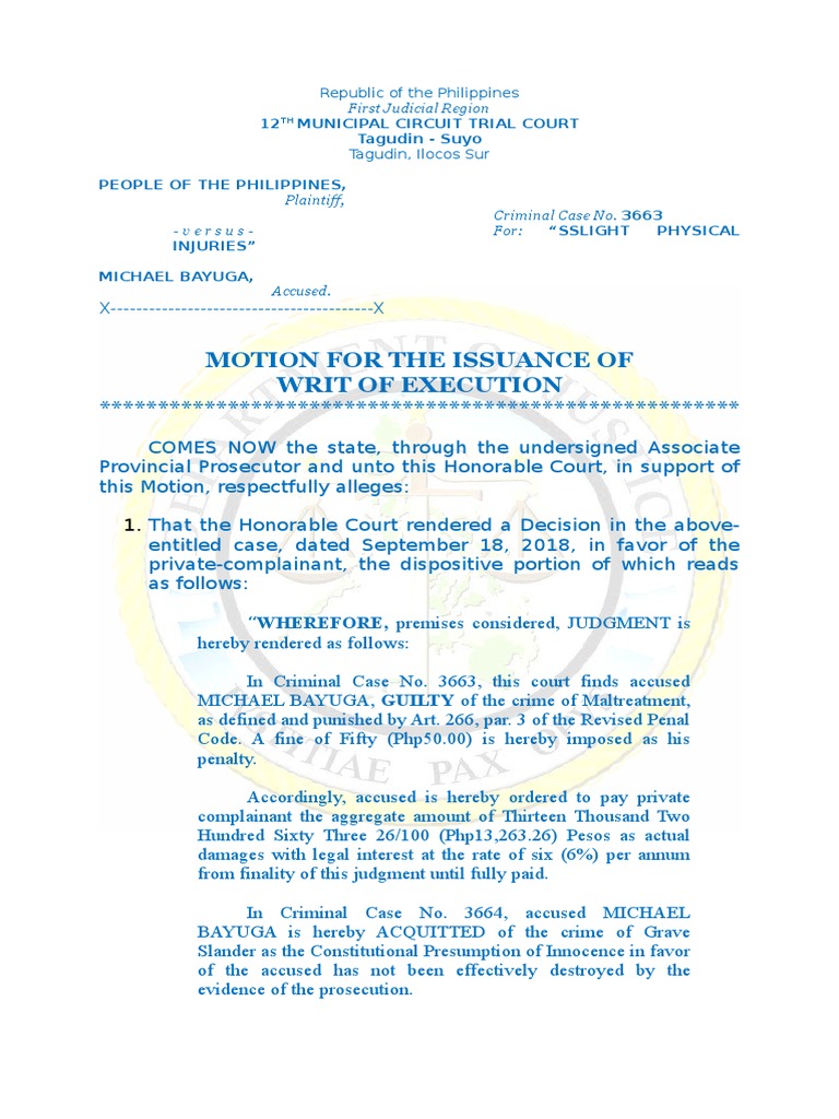 Motion For Writ of Execution 3663 | PDF | Defamation | Judgment (Law)