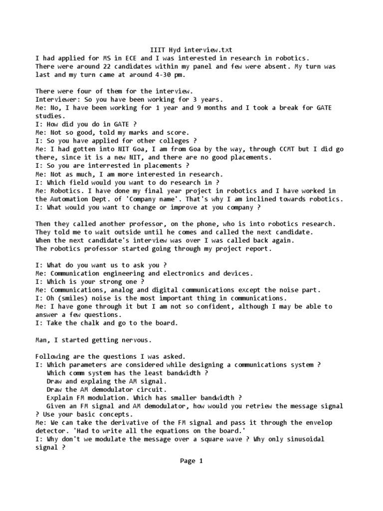 IIIT Hyd ECE Interview Experience | PDF | Frequency Modulation | Broadcast Engineering