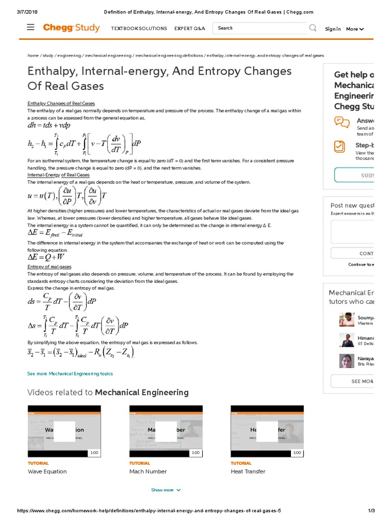 Definition of Enthalpy, Internal-Energy, and Entropy Changes of Real ...