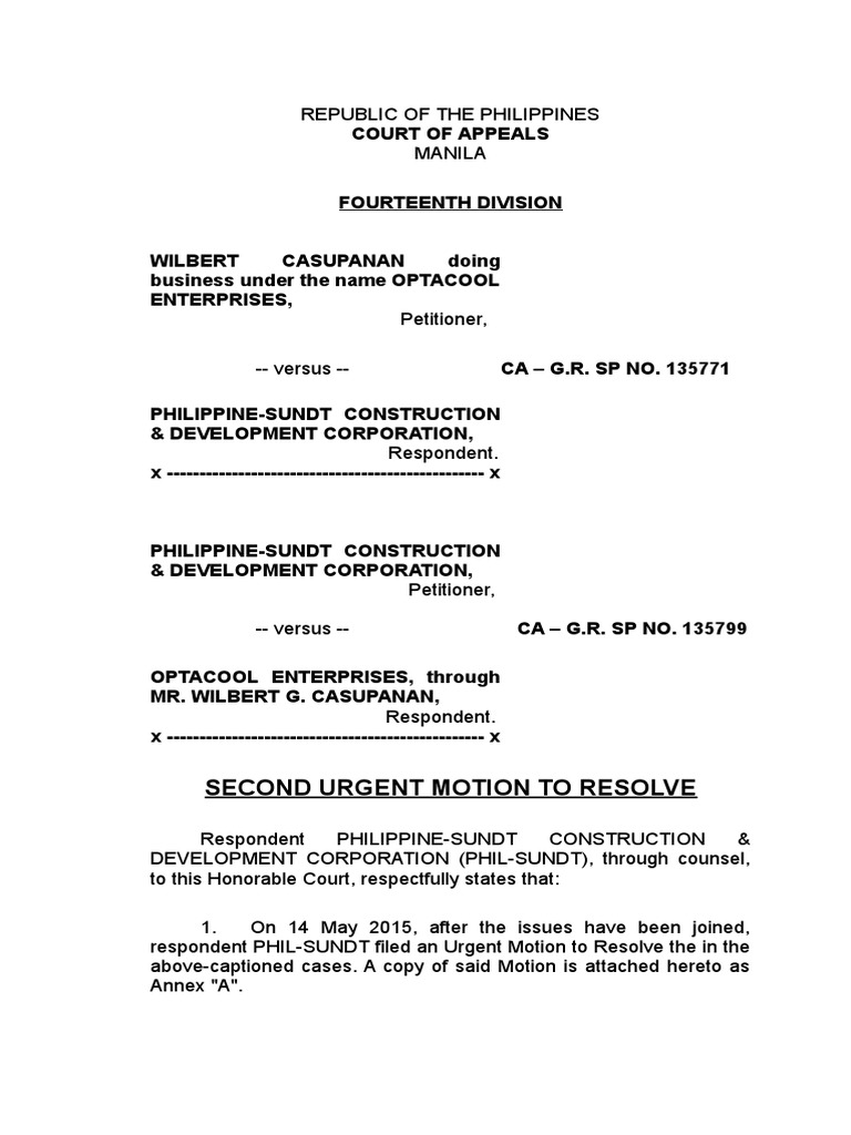 Urgent Motion to Resolve CA-G.R. SP 135771 | PDF | Justice | Crime ...