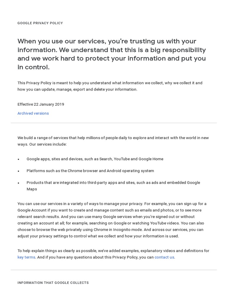Google Privacy Policy Overview | PDF | Http Cookie | Internet Privacy