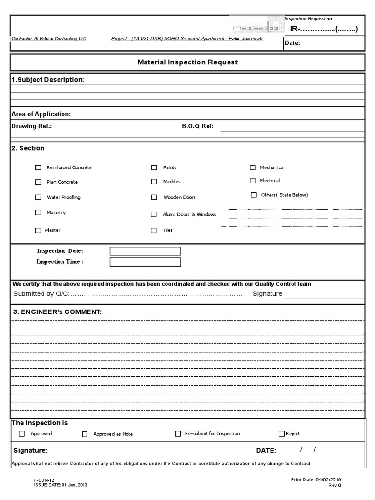 12-1 Material Inspection request.xls | Business