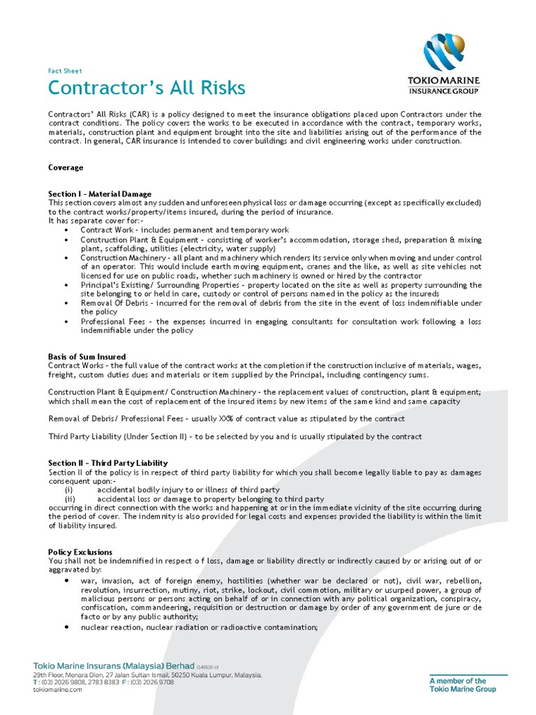 Tokio Marine - CAR | PDF | Liability Insurance | Insurance