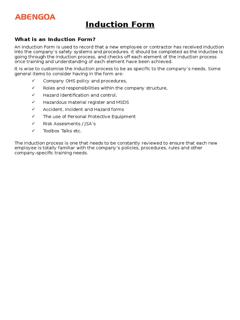 Induction Form | PDF | Occupational Safety And Health | Prevention
