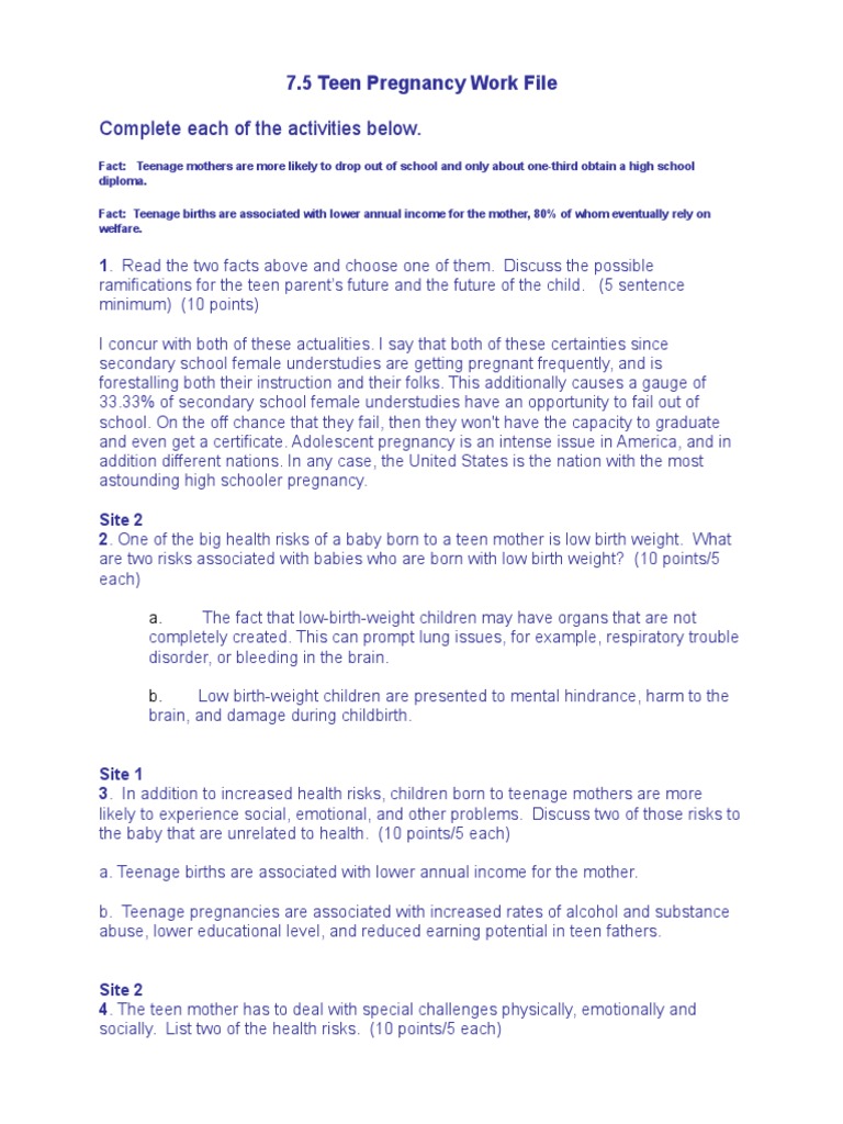 Complete Each of The Activities Below.: 7.5 Teen Pregnancy Work File ...