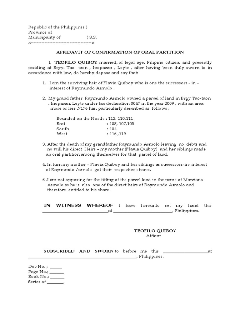 Affidavit of Confirmation of Oral Partition | PDF